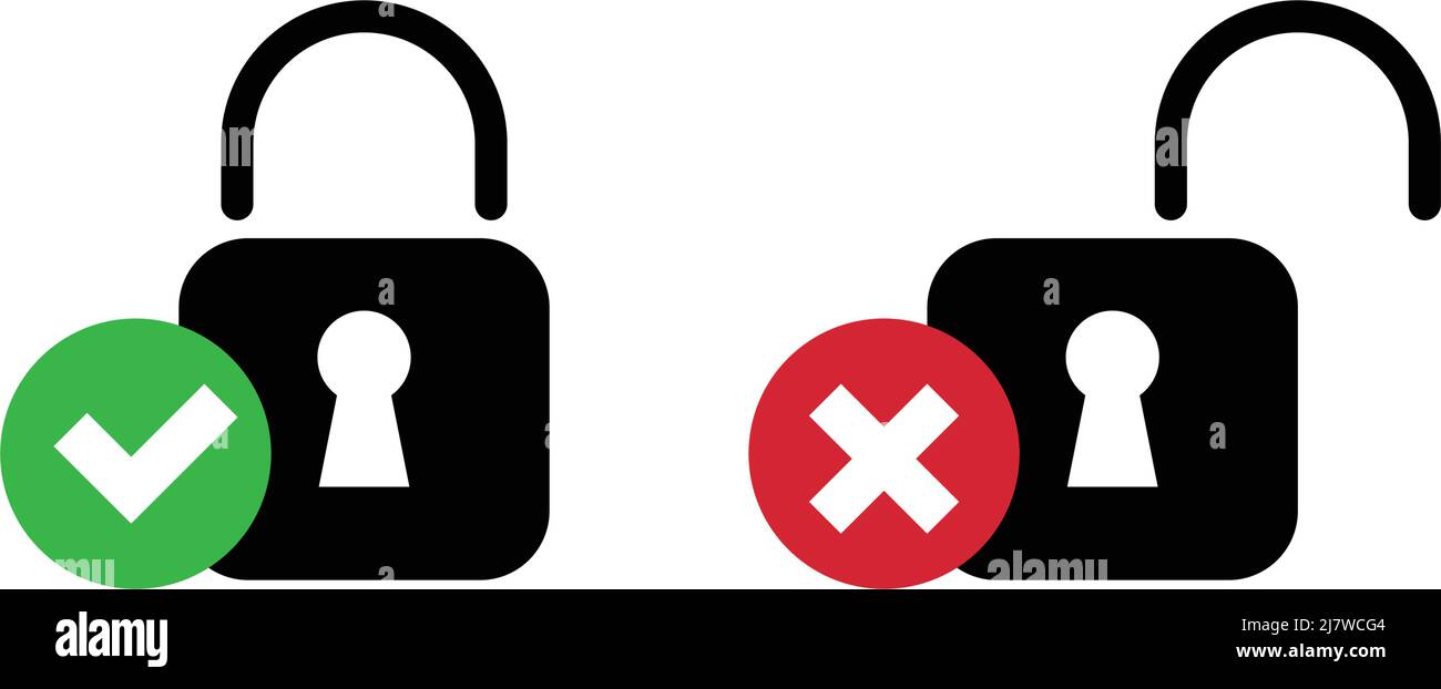 Locked and unlocked icons. Security icon with check mark and cross mark ...