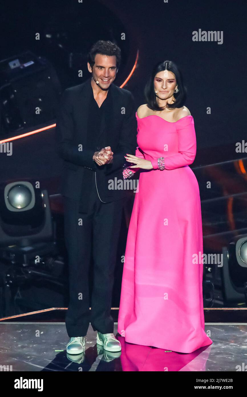 Laura Pausini, Mika introduce on the stage during 1st demi-final of ...