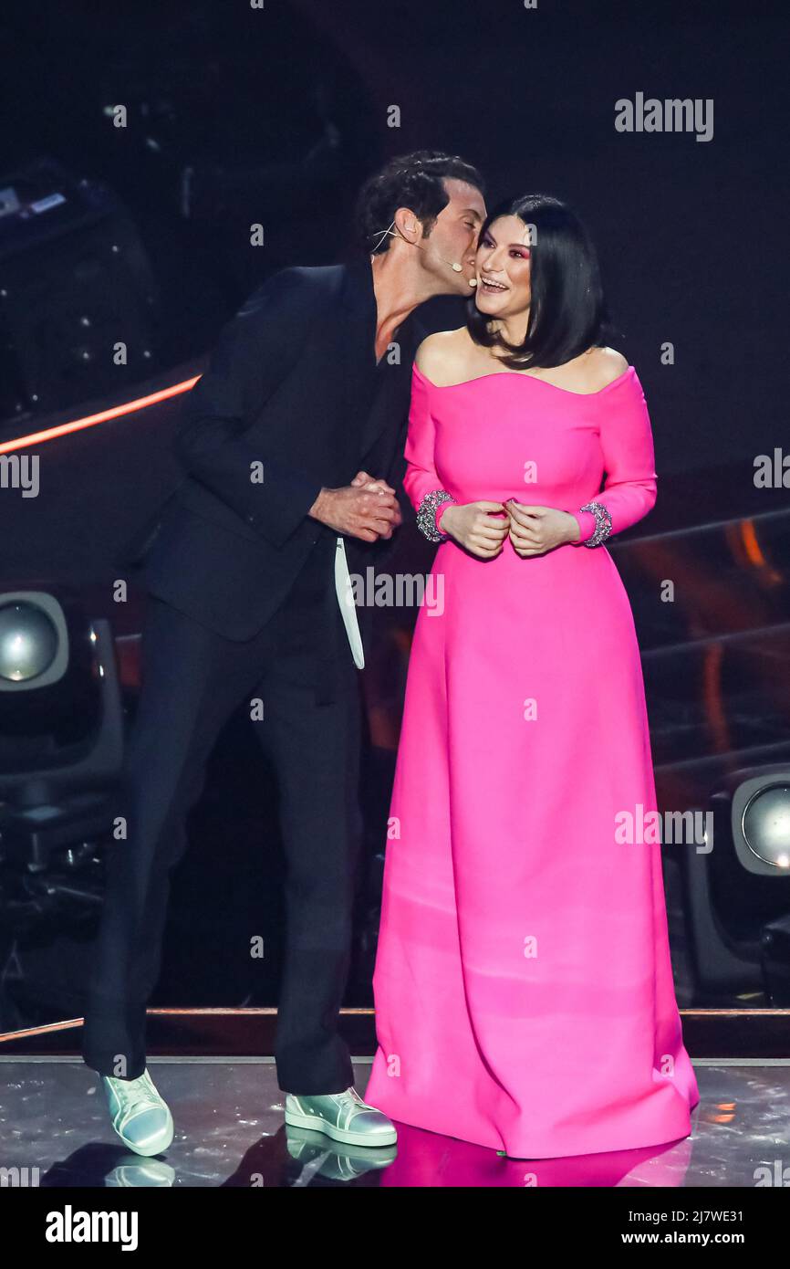 Laura Pausini, Mika introduce on the stage during 1st demi-final of ...