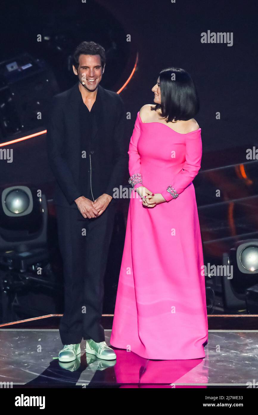 Laura Pausini, Mika introduce on the stage during 1st demi-final of ...