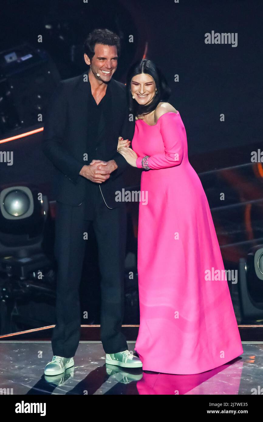 Laura Pausini, Mika introduce on the stage during 1st demi-final of ...