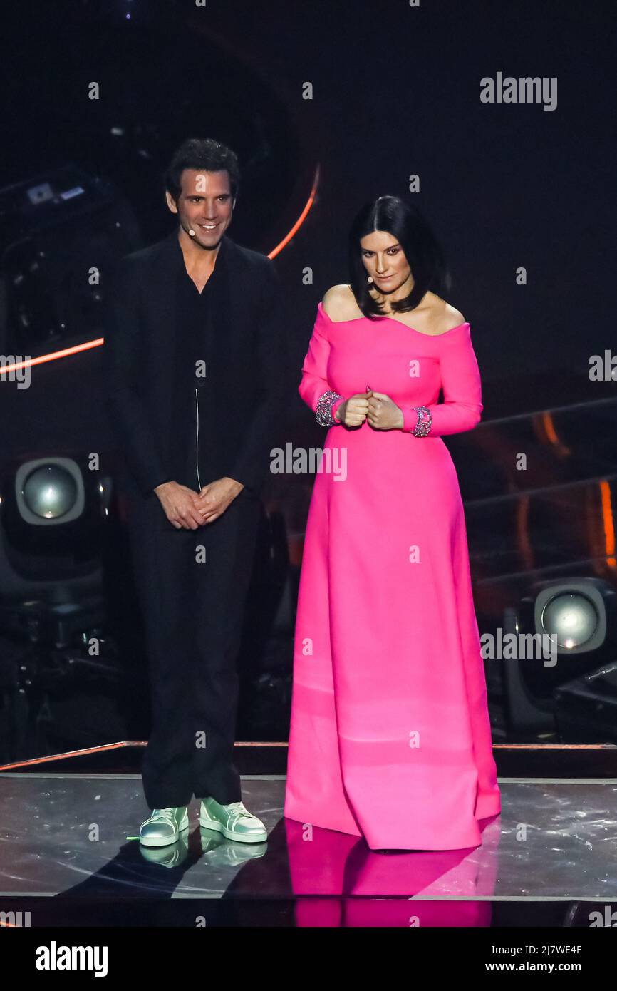 Laura Pausini, Mika introduce on the stage during 1st demi-final of ...