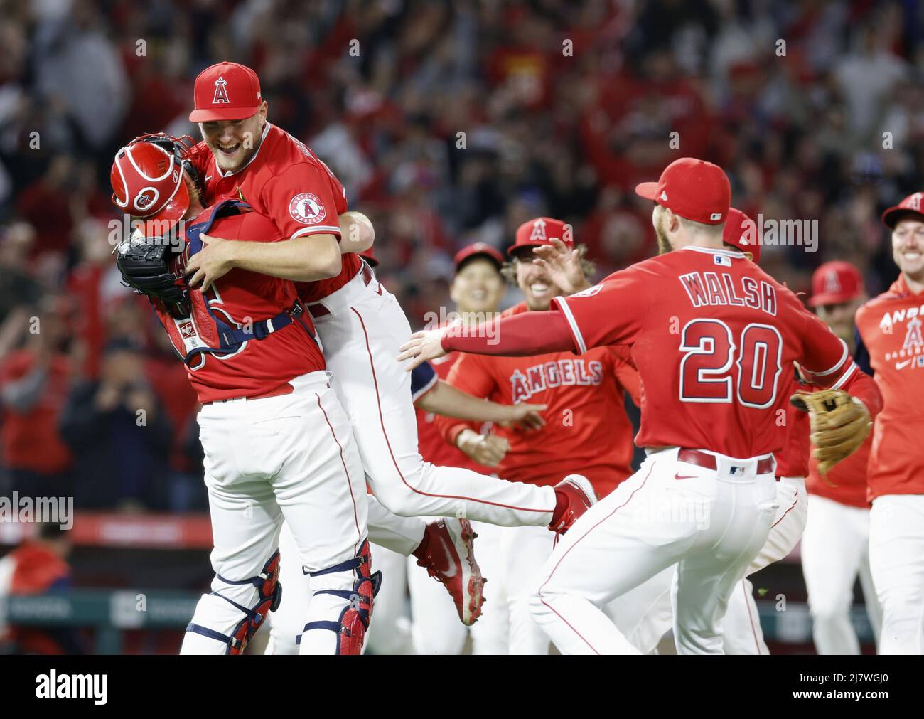 Los Angeles Angels rookie pitcher Reid Detmers (2nd from L) celebrates ...