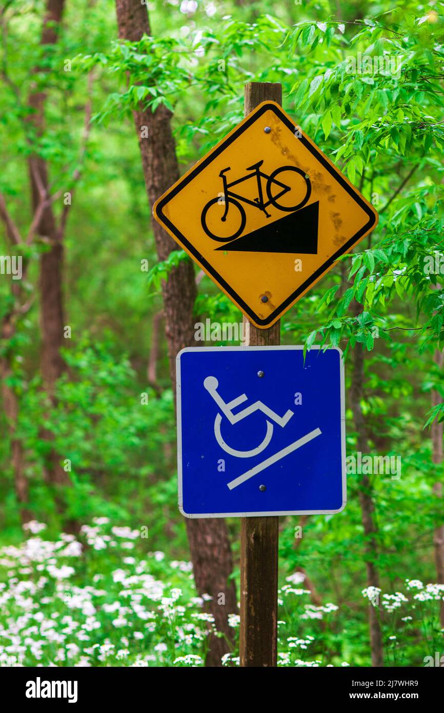 Bike down hill and up hill handicap warning sign along a park pathway ...