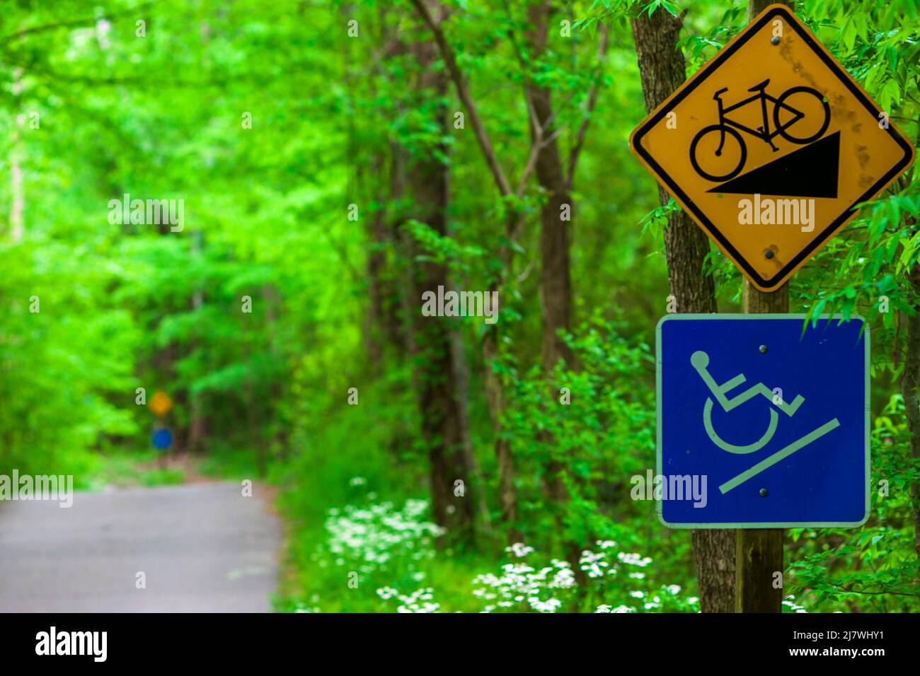 Bike down hill and up hill handicap warning sign along a park pathway ...