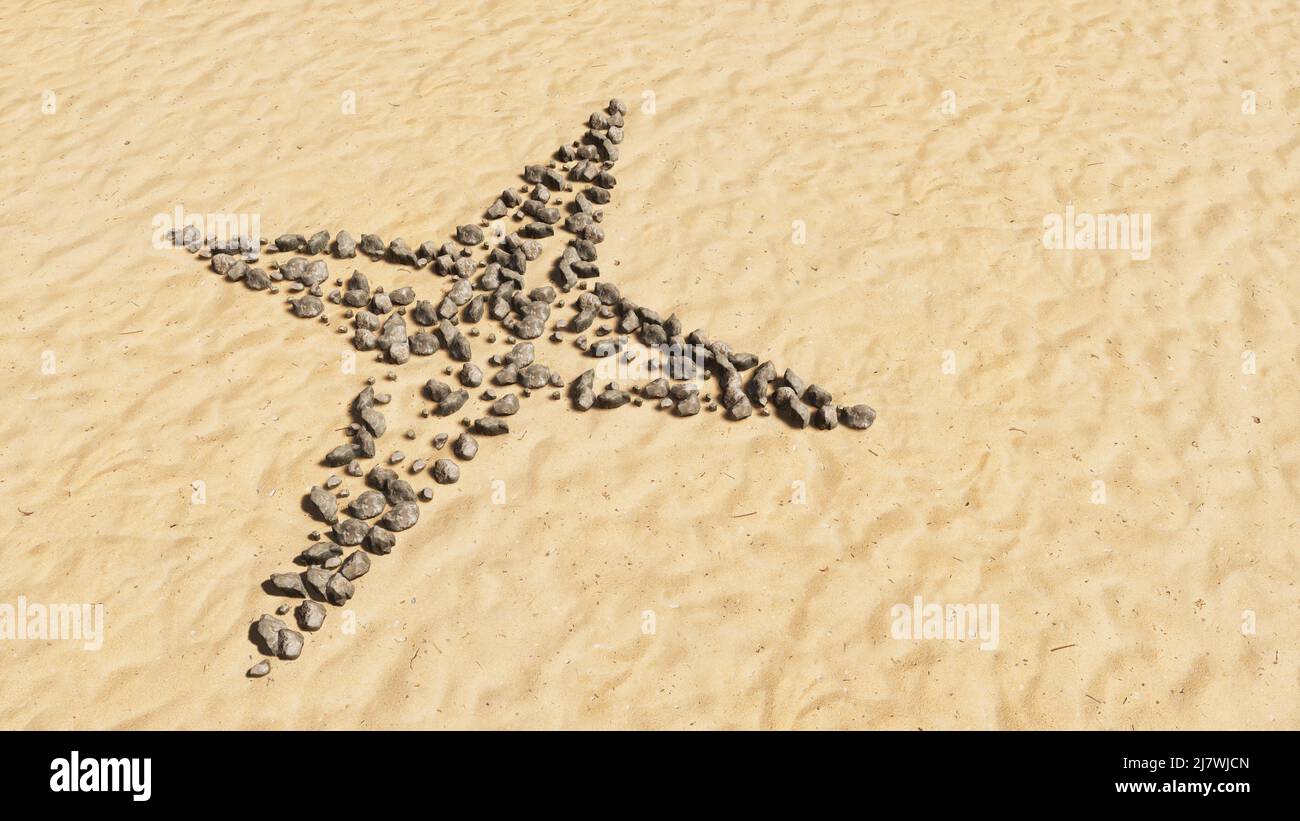 Concept conceptual stones on beach sand handmade symbol shape, golden ...