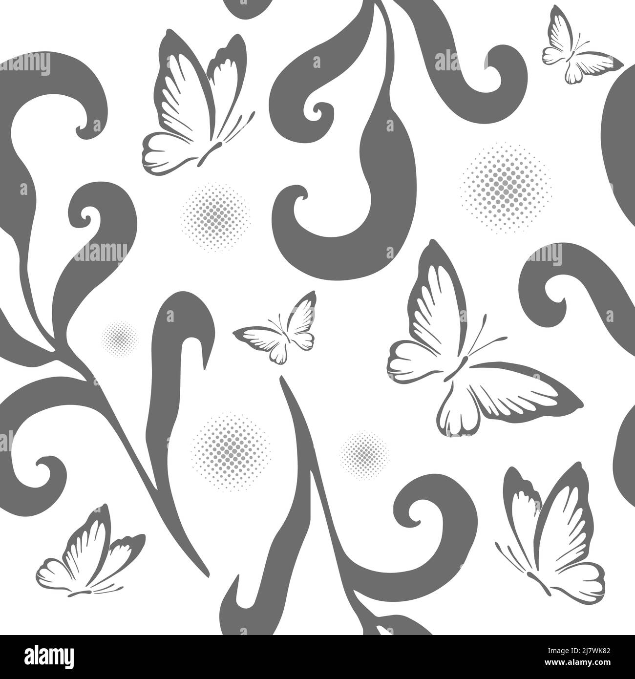 Gray seamless background with butterflies and patterns. Vector ...