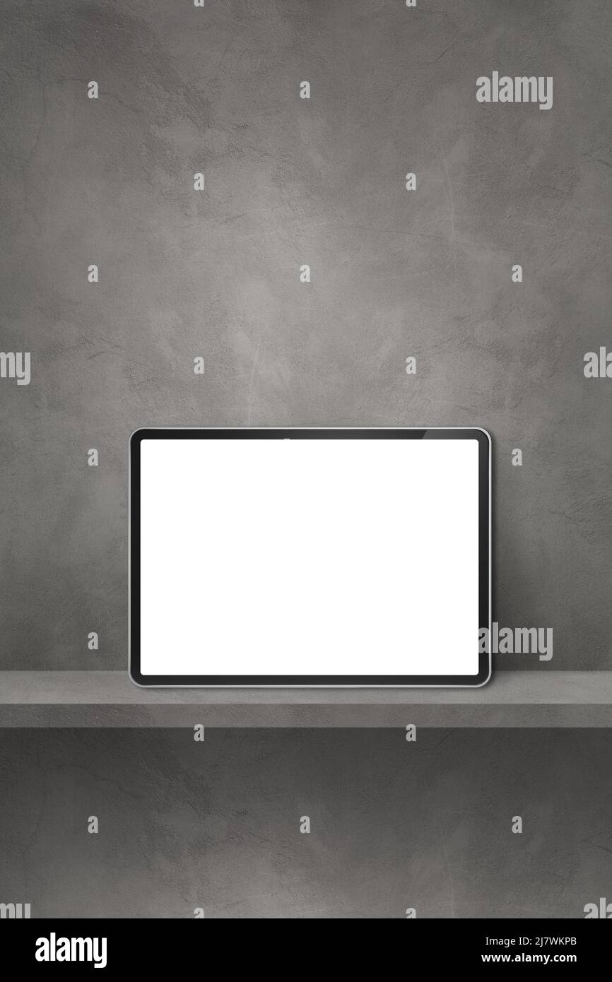 Digital tablet pc on grey wall shelf. Vertical background banner. 3D ...