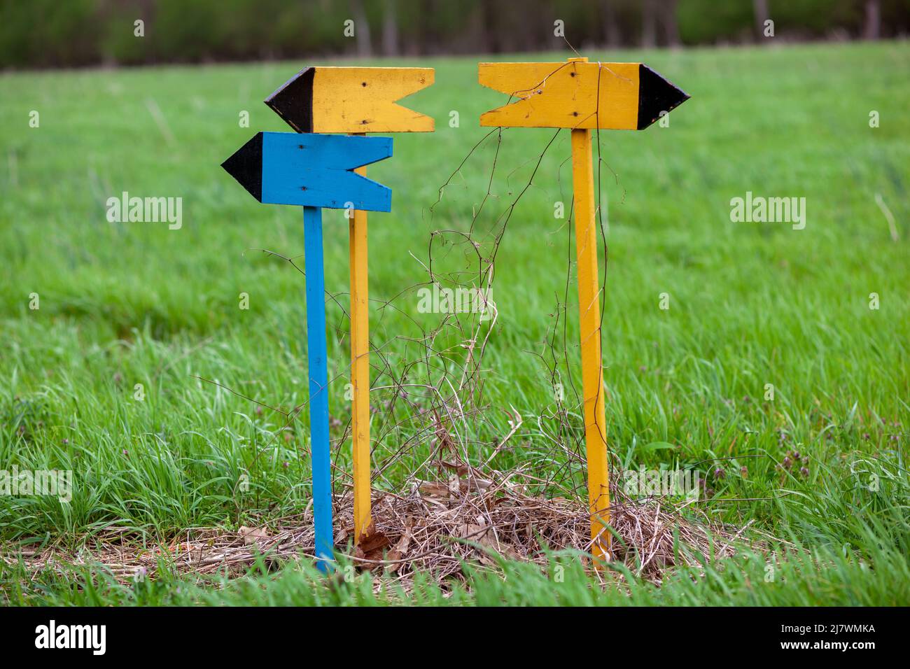 Yellow and blue painted arrows pointing the way on a path Stock Photo ...