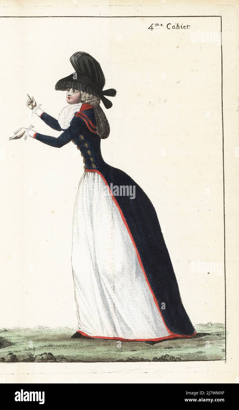 Woman in royal blue redingote edged with scarlet, white fichu, white ...