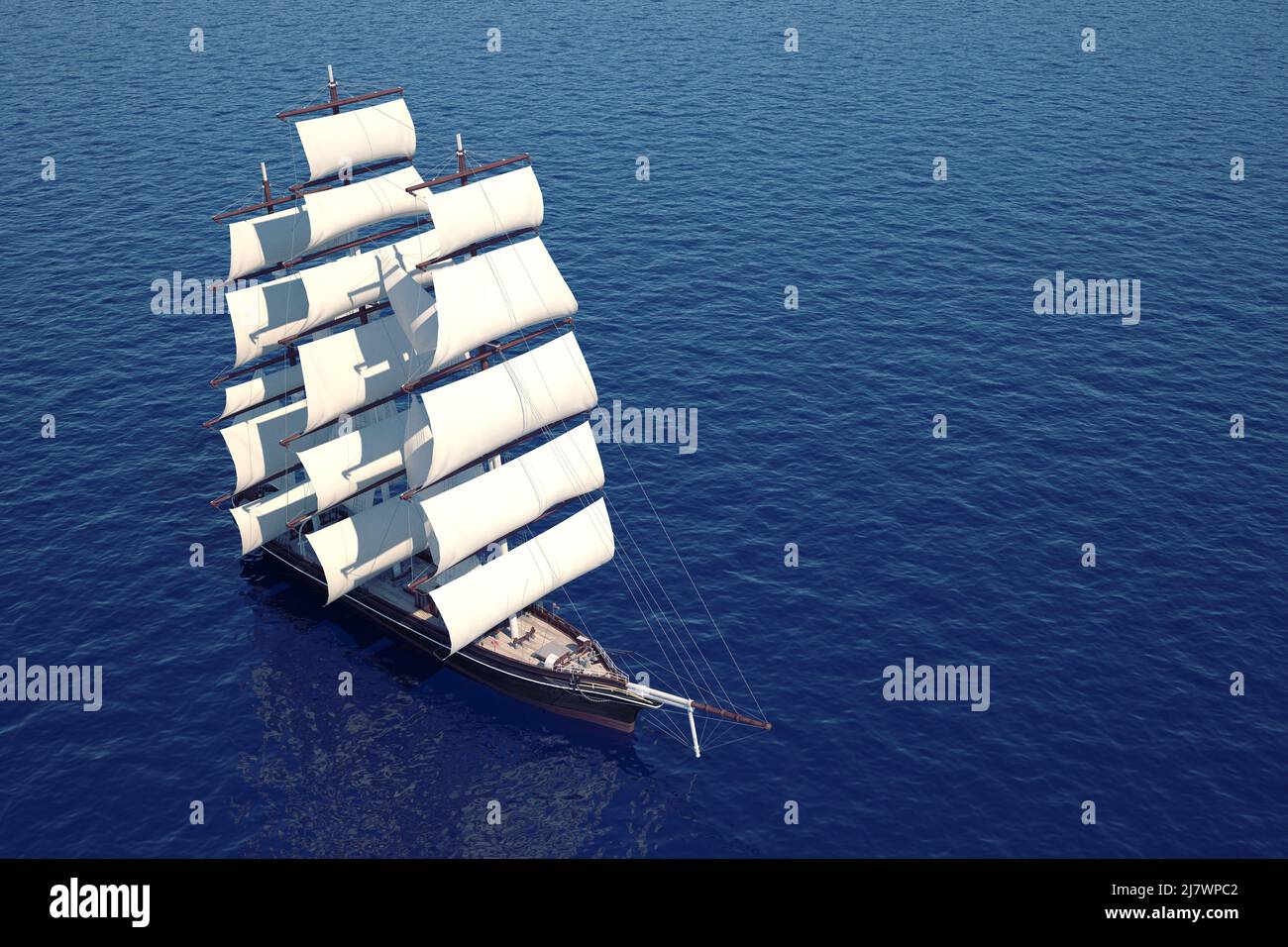 sailing ship at sea above view with copy space. 3d rendering Stock ...