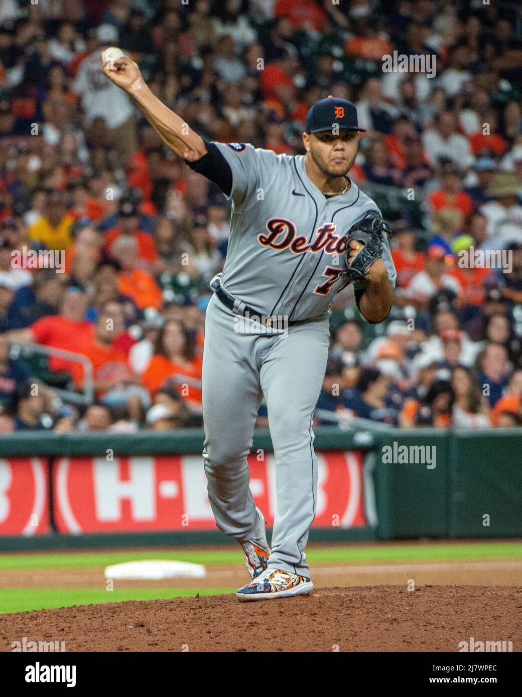 Detroit Tigers relief pitcher Joe Jimenez (77) throws to first in the ...