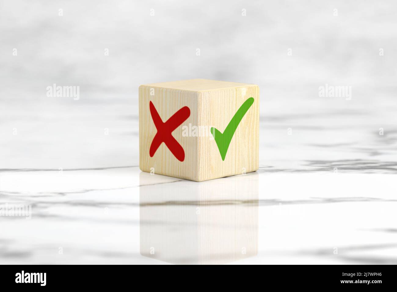 Tick mark and cross mark x on wooden cube. Wooden blocks with green ...