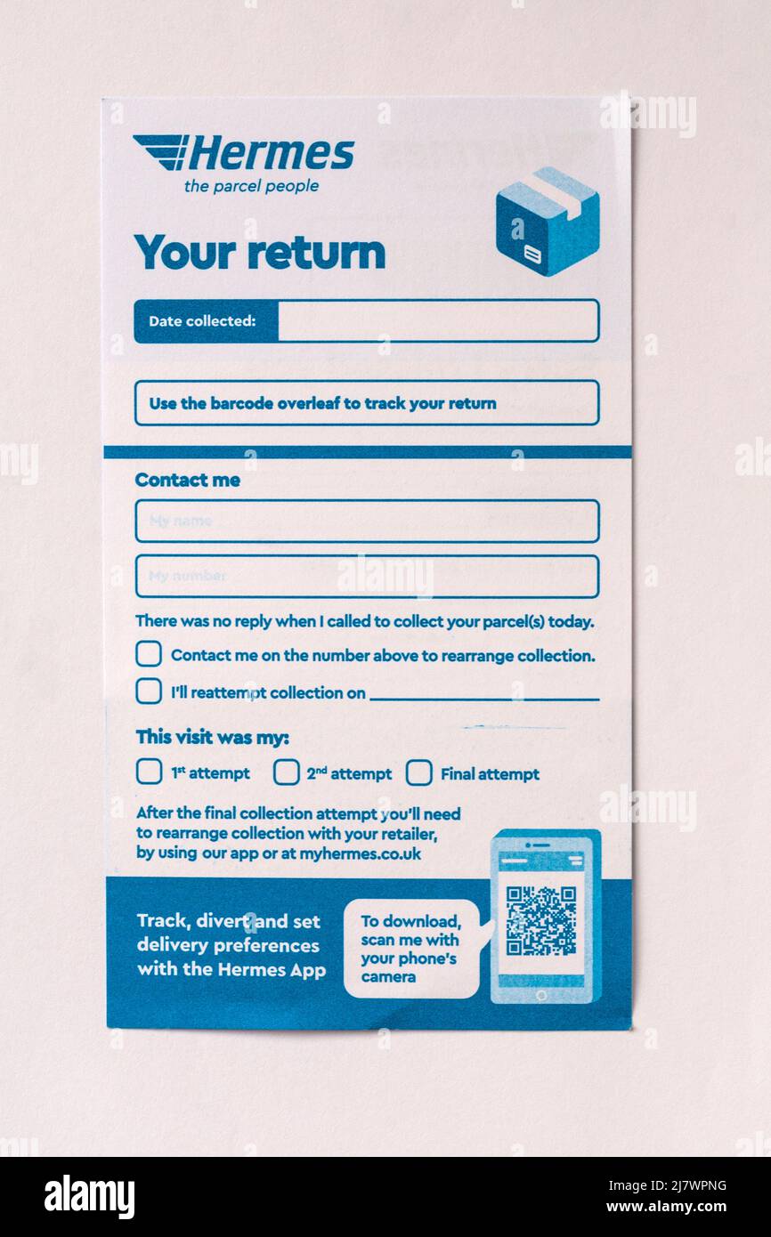 Your return card left by Hermes courier delivery driver isolated on ...