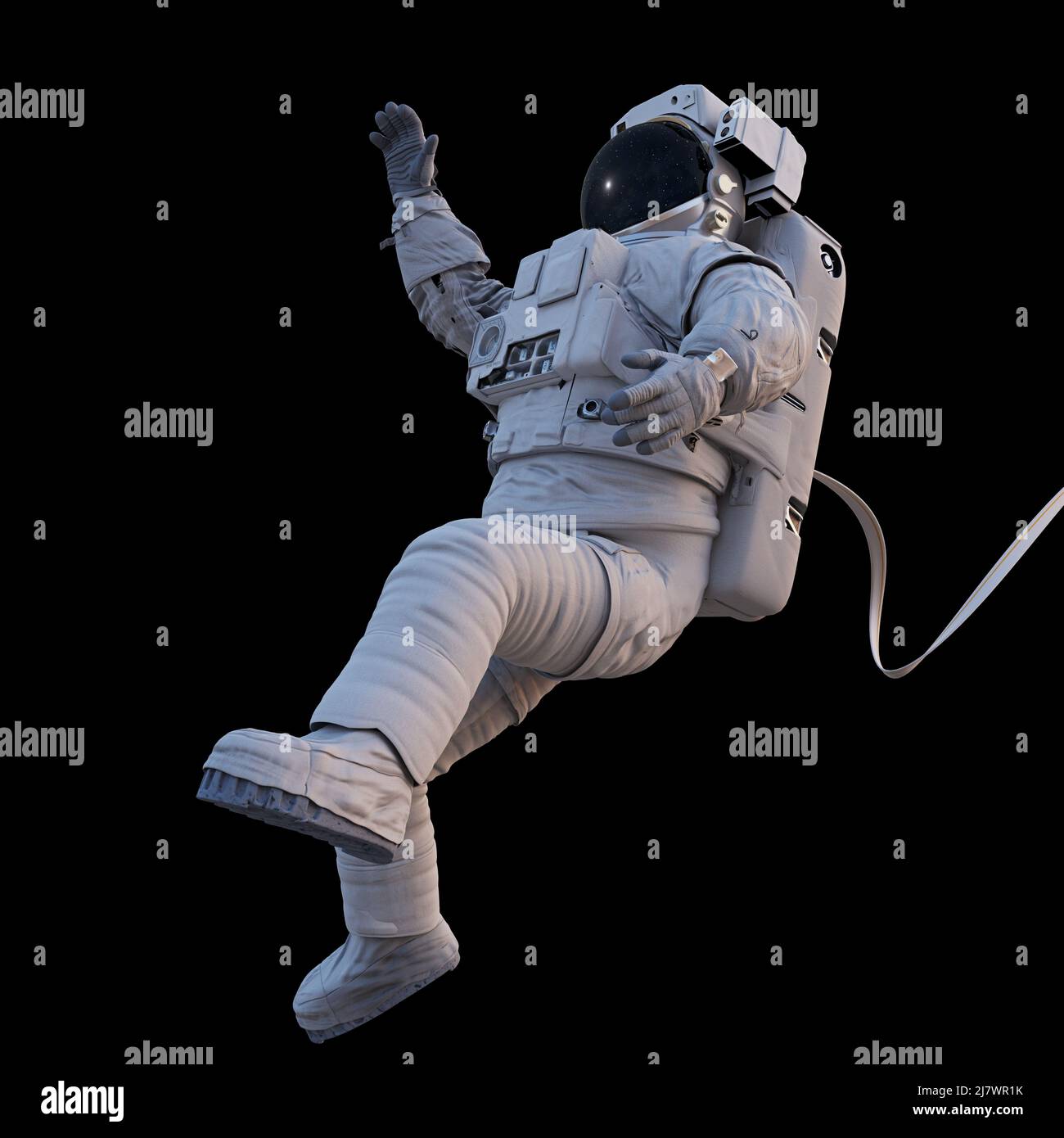 astronaut with safety tether flying in outer space, isolated on black ...