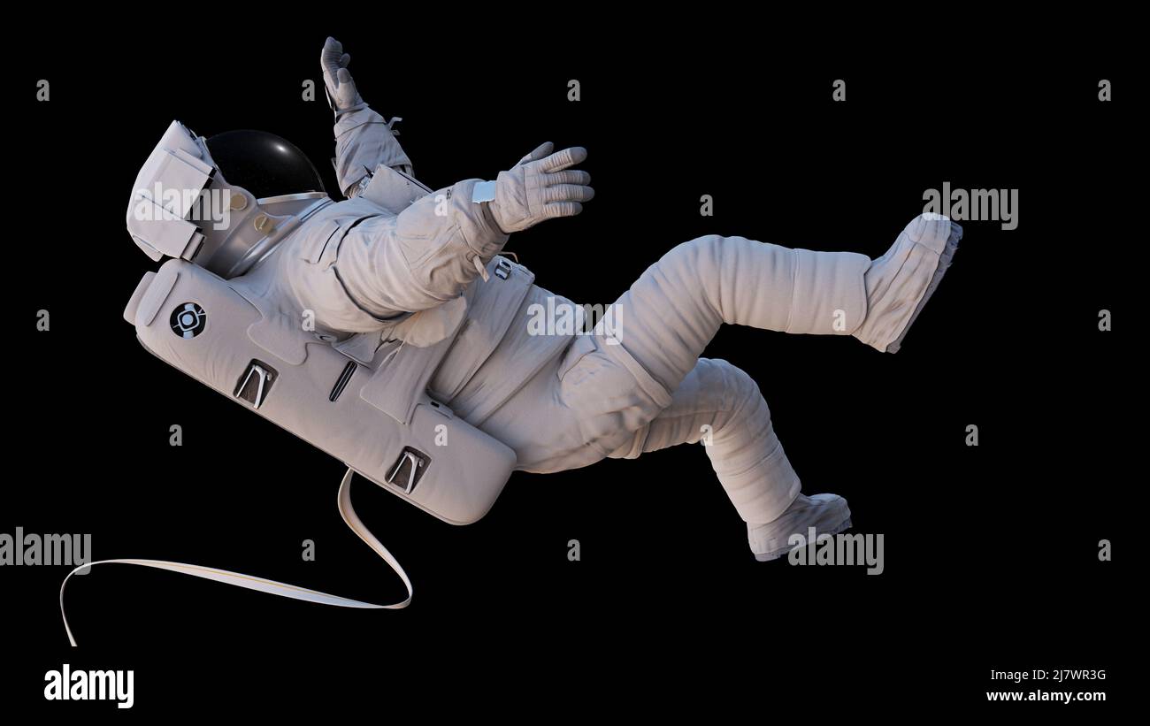 astronaut with safety tether flying in outer space, isolated on black ...