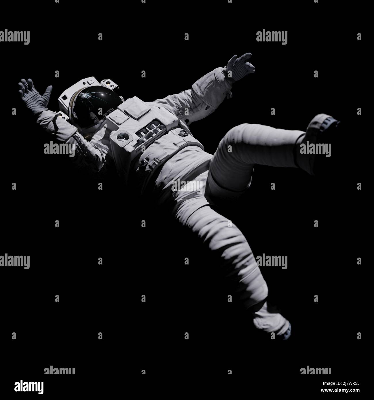 astronaut in distress, spaceman with damaged helmet isolated on black ...