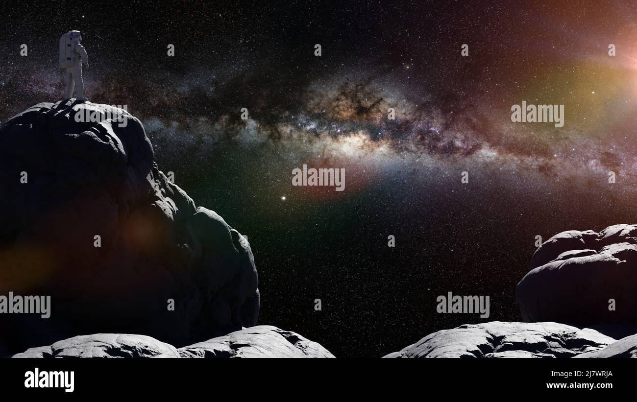 astronaut on the Moon, spaceman watching the Milky Way galaxy Stock ...