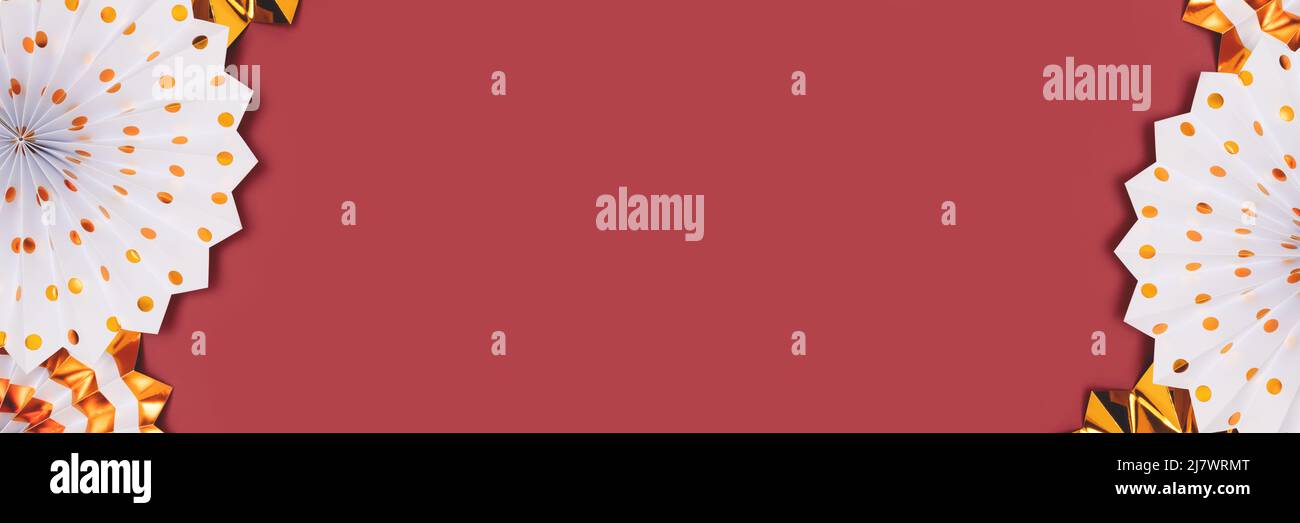 Banner with border frame made of paper fans. White and gold decorations ...