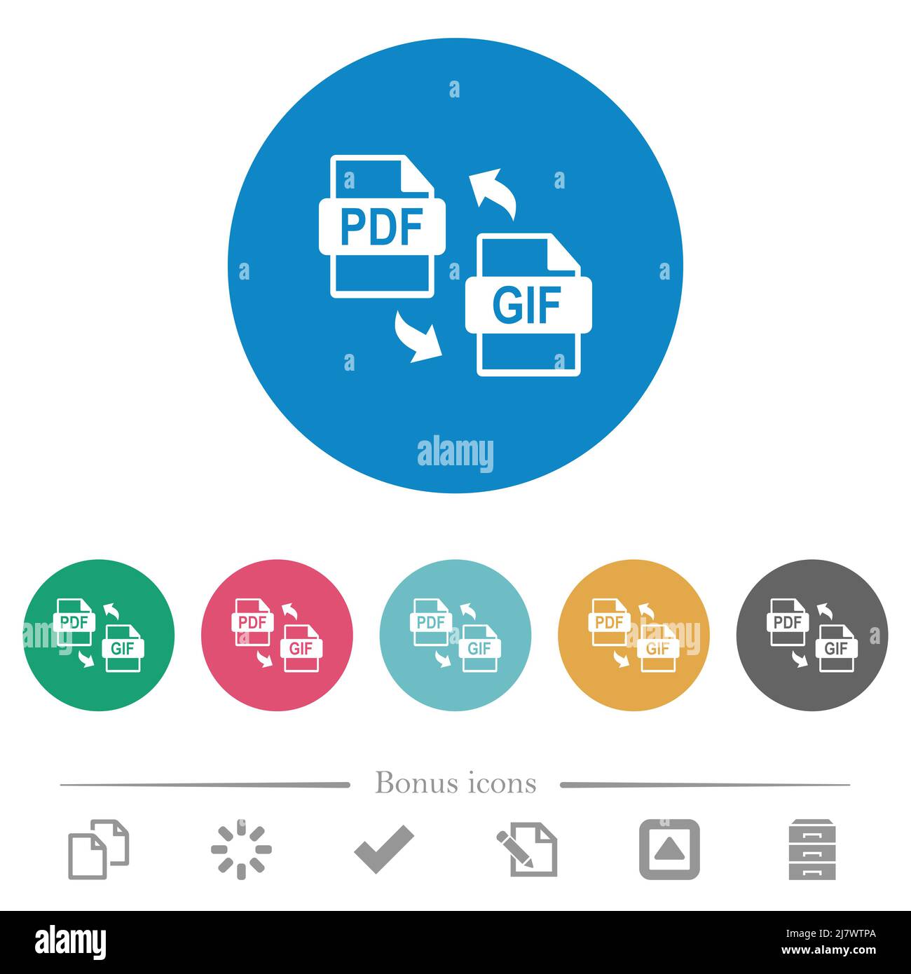 PDF GIF file conversion flat white icons on round color backgrounds. 6 ...
