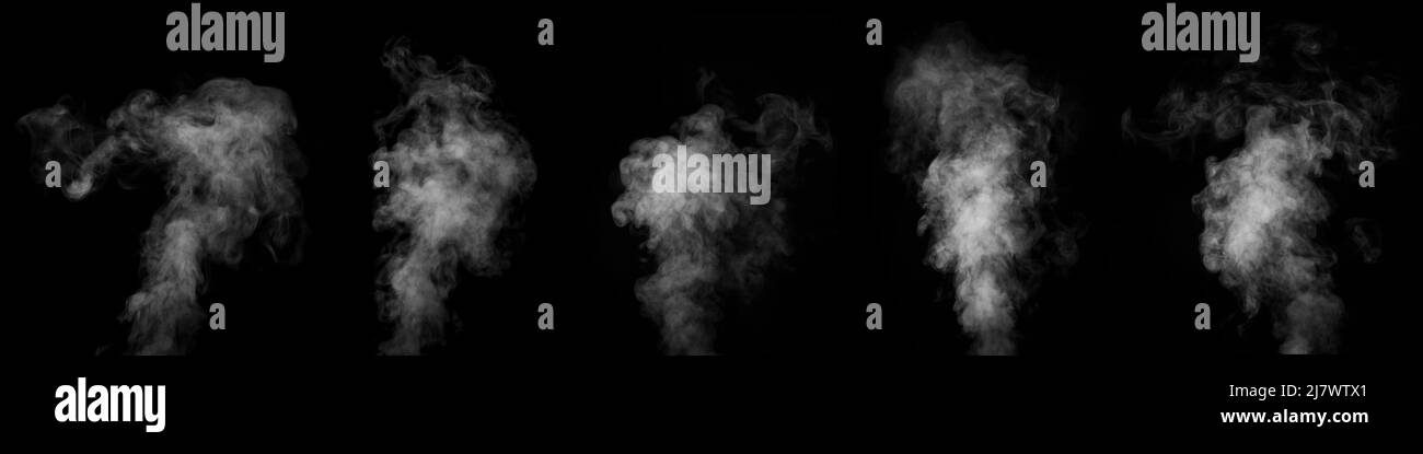 A set of five different types of swirling smoke, steam, isolated on a ...