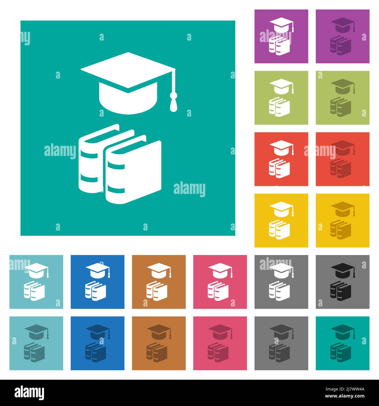 Graduation cap with books multi colored flat icons on plain square ...
