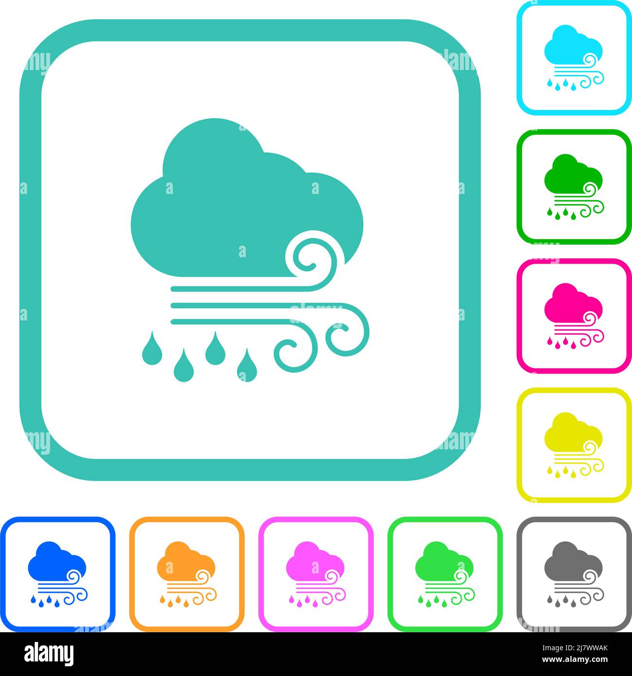 Windy and rainy weather vivid colored flat icons in curved borders on ...