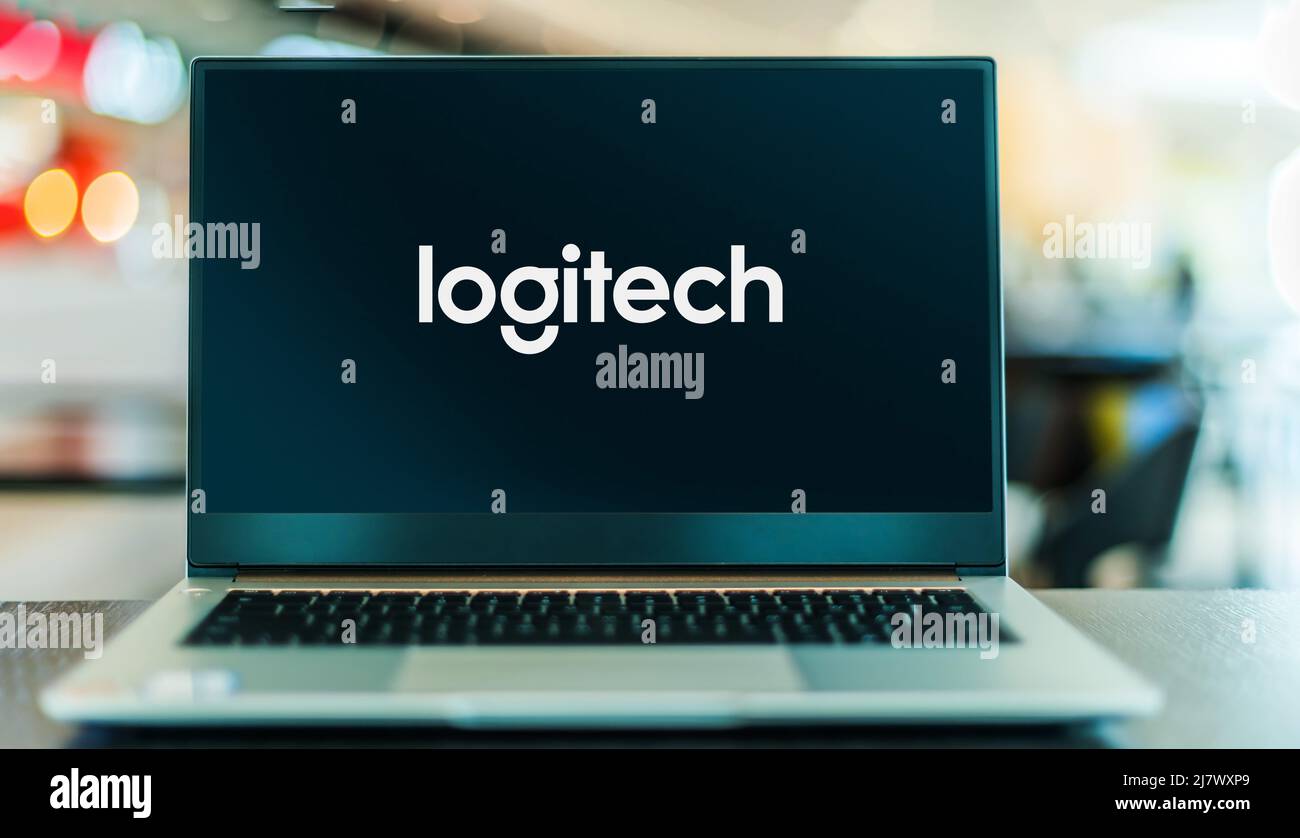 POZNAN, POL - OCT 1, 2021: Laptop computer displaying logo of Logitech ...