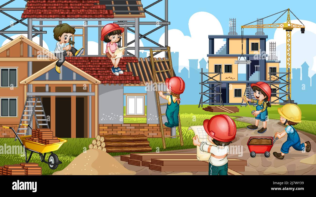 Cartoon scene of building construction site illustration Stock Vector ...