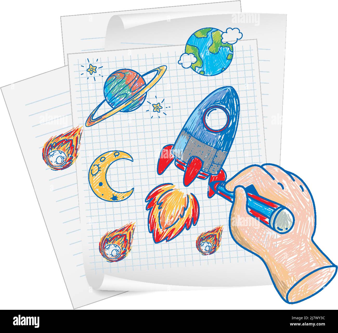 Coloured hand drawn spaceship collection illustration Stock Vector ...