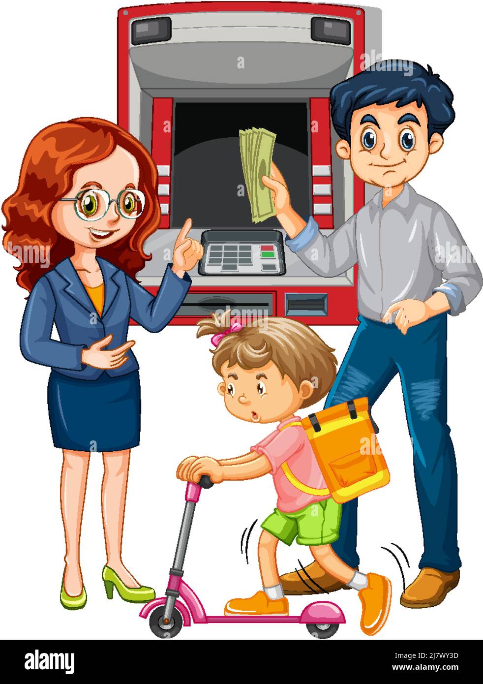 A man withdraw money from atm machine and his family cartoon character ...