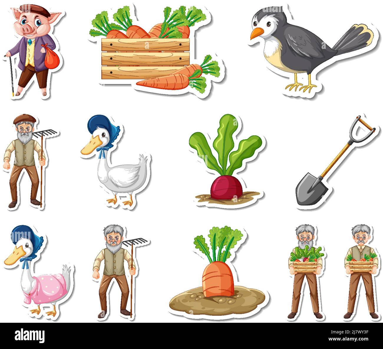 Sticker set of farm objects and farmer cartoon characters illustration ...
