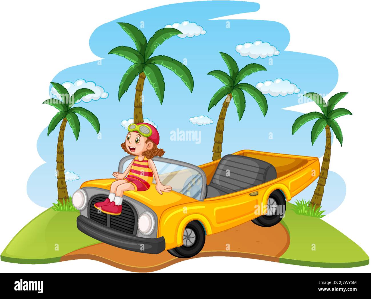 Road trip concept with kids driving classic convertible car ...