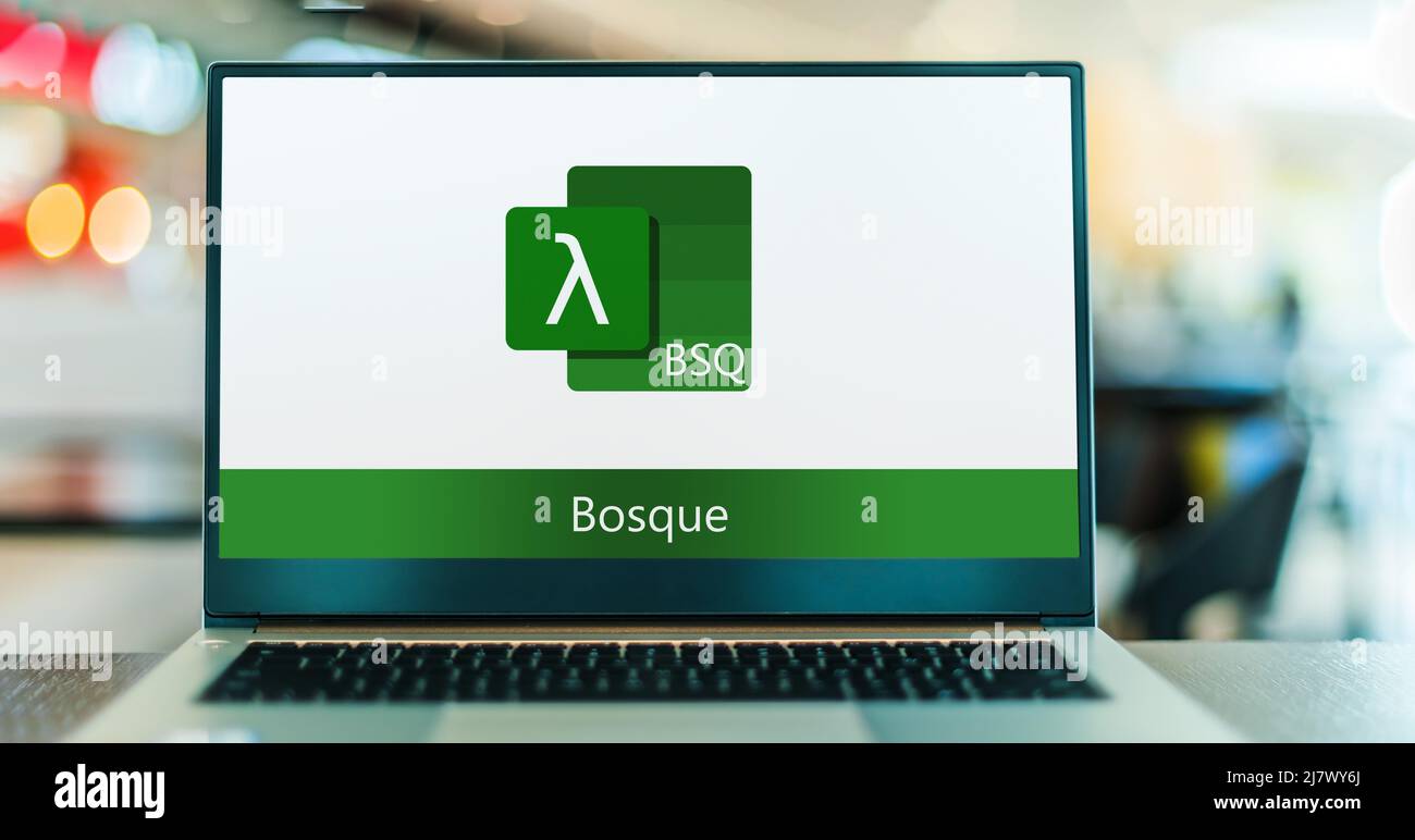 POZNAN, POL - FEB 9, 2022: Laptop computer displaying logo of Bosque ... POZNAN, POL - FEB 9, 2022: Laptop computer displaying logo of Bosque ...
