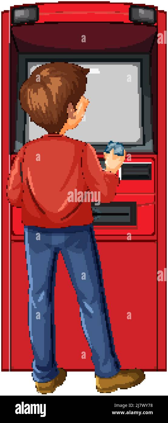 Back of a man withdraw money from ATM machine illustration Stock Vector ...