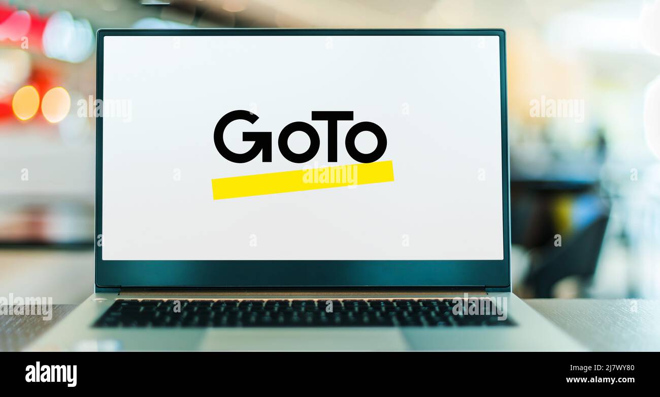 POZNAN, POL - APR 7, 2022: Laptop computer displaying logo of GoTo, a ...