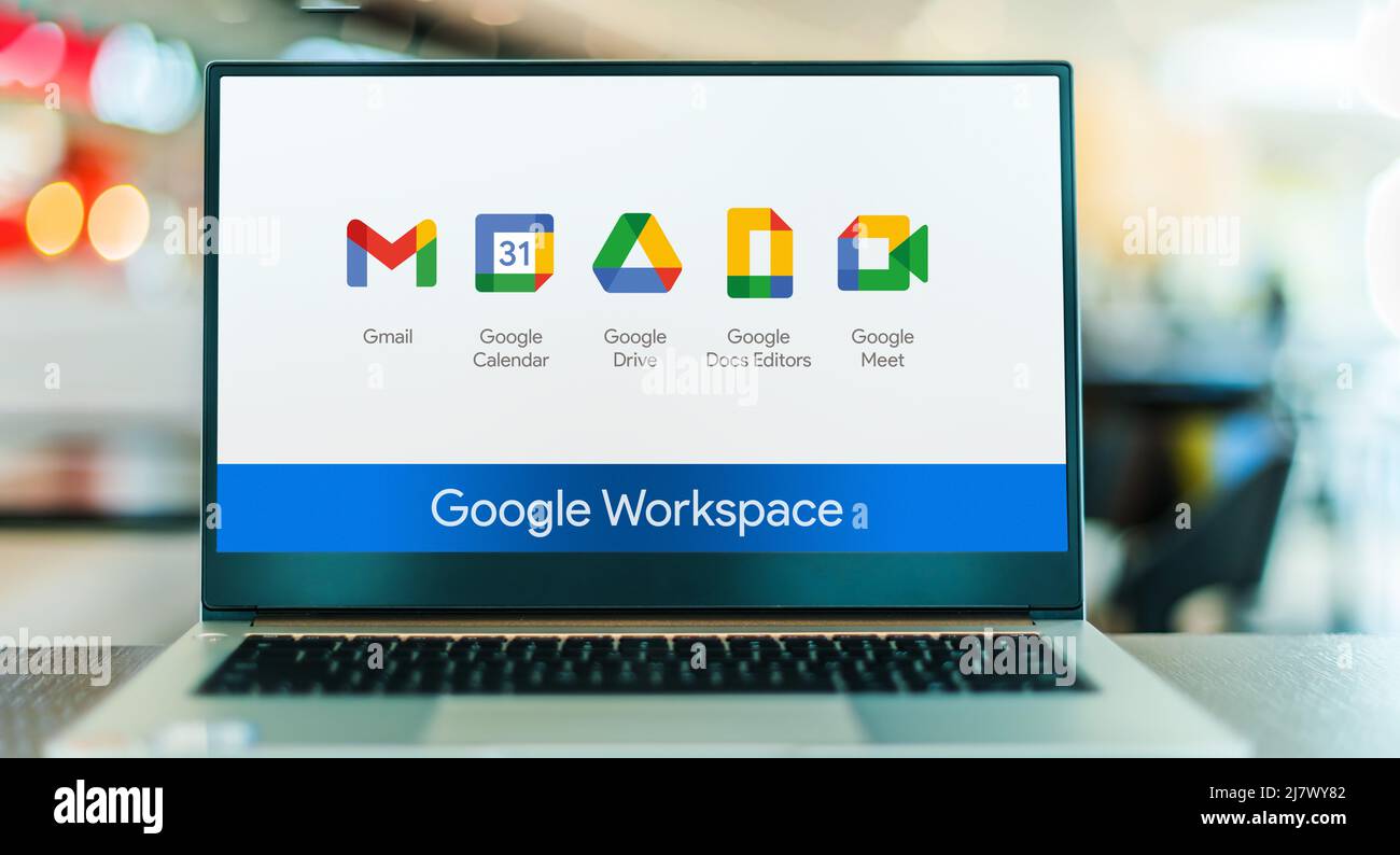 POZNAN, POL - APR 7, 2022: Laptop computer displaying logo of Google ...