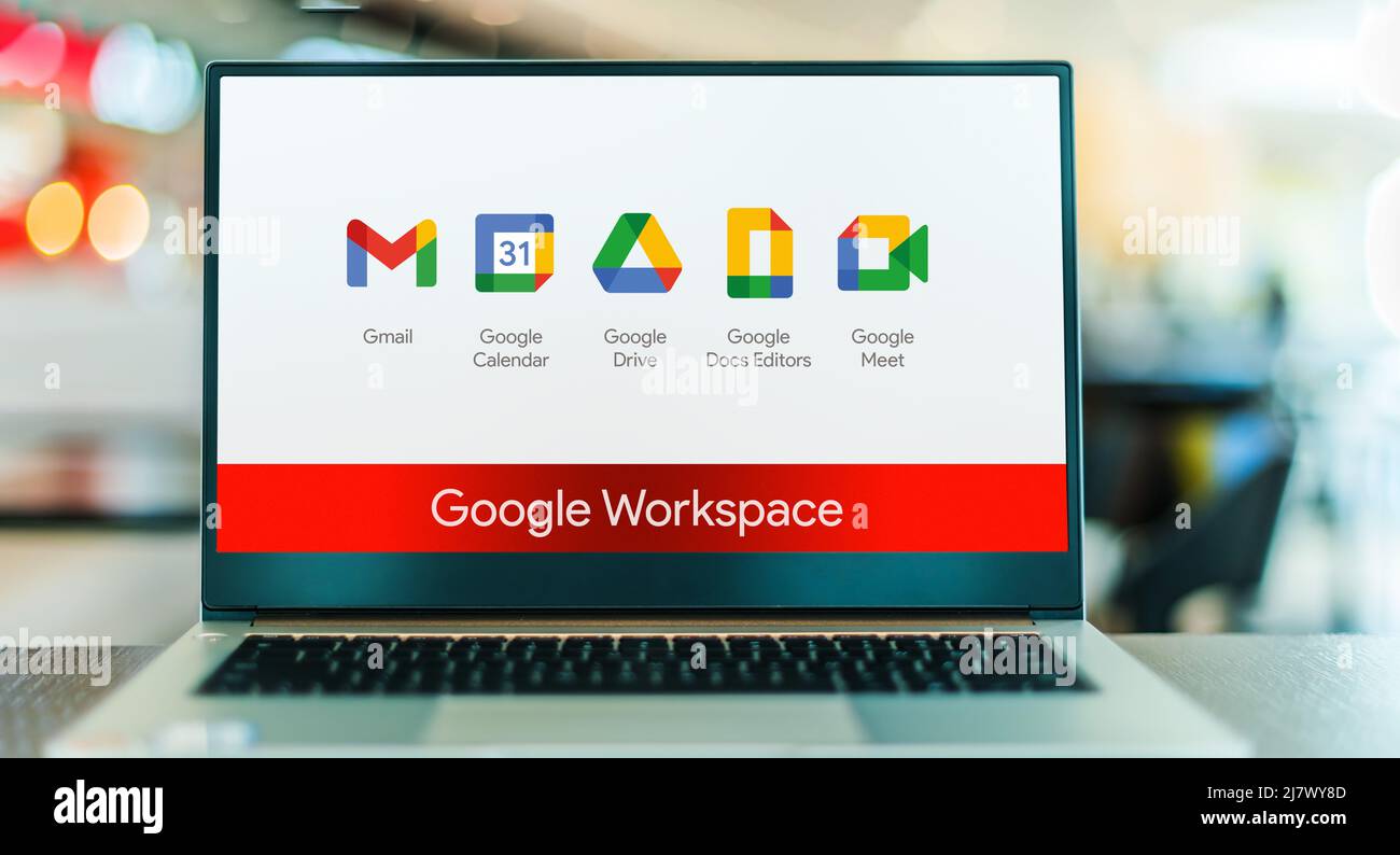 POZNAN, POL - APR 7, 2022: Laptop computer displaying logo of Google ...