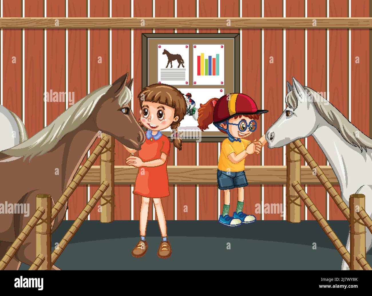 A boy and girl with a horse at stable scene illustration Stock Vector ...