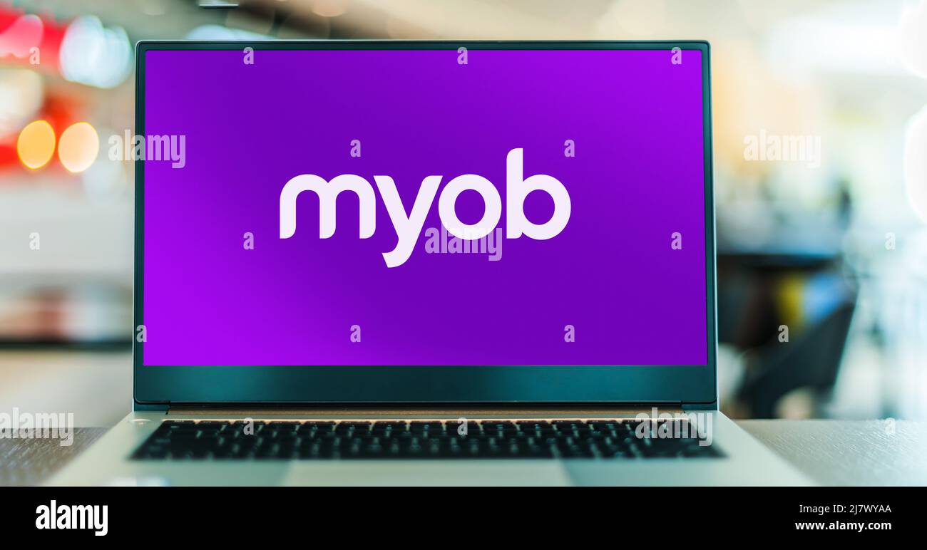 POZNAN, POL - APR 7, 2022: Laptop computer displaying logo of MYOB, an ...