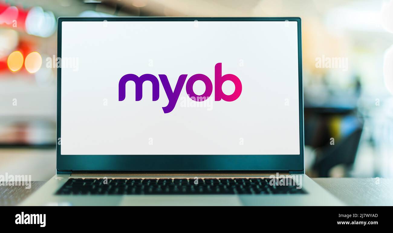 POZNAN, POL - APR 7, 2022: Laptop computer displaying logo of MYOB, an ...