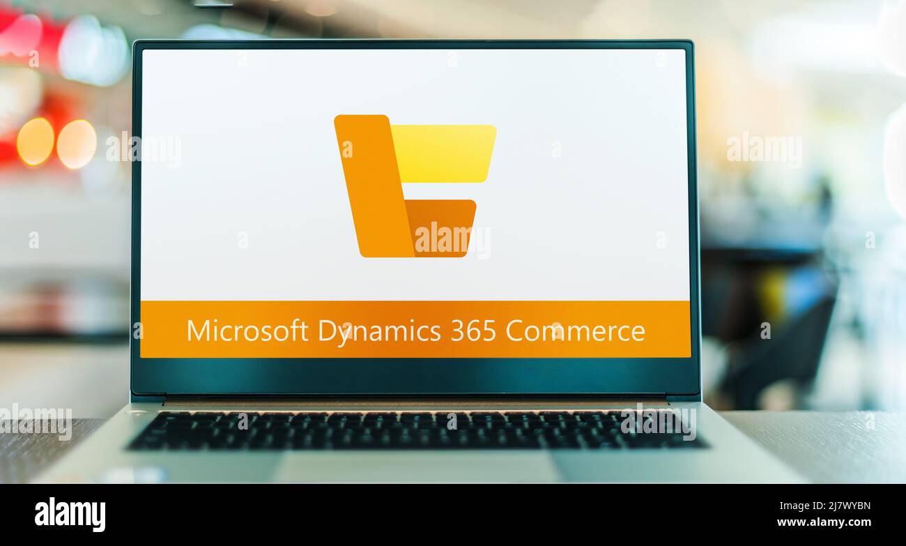 POZNAN, POL - APR 9, 2022: Laptop computer displaying logo of Microsoft ...