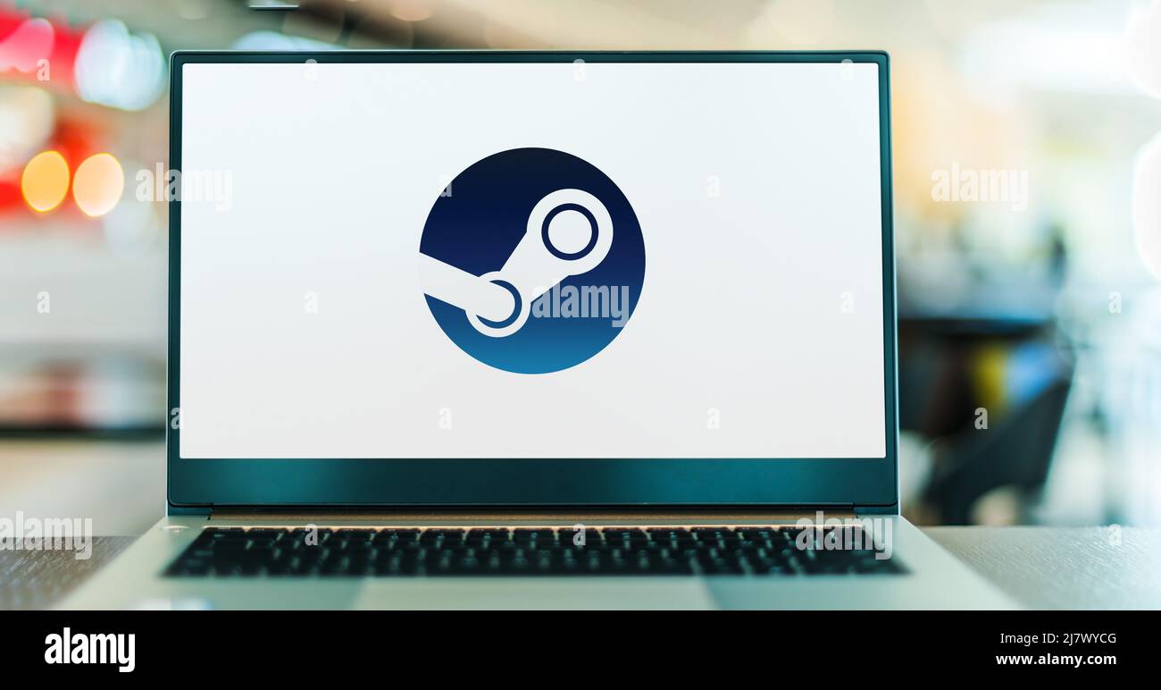 POZNAN, POL - APR 7, 2022: Laptop computer displaying logo of Steam, a ...