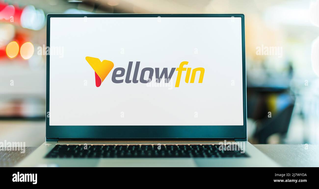POZNAN, POL - APR 7, 2022: Laptop computer displaying logo of Yellowfin, a Business Intelligence ...