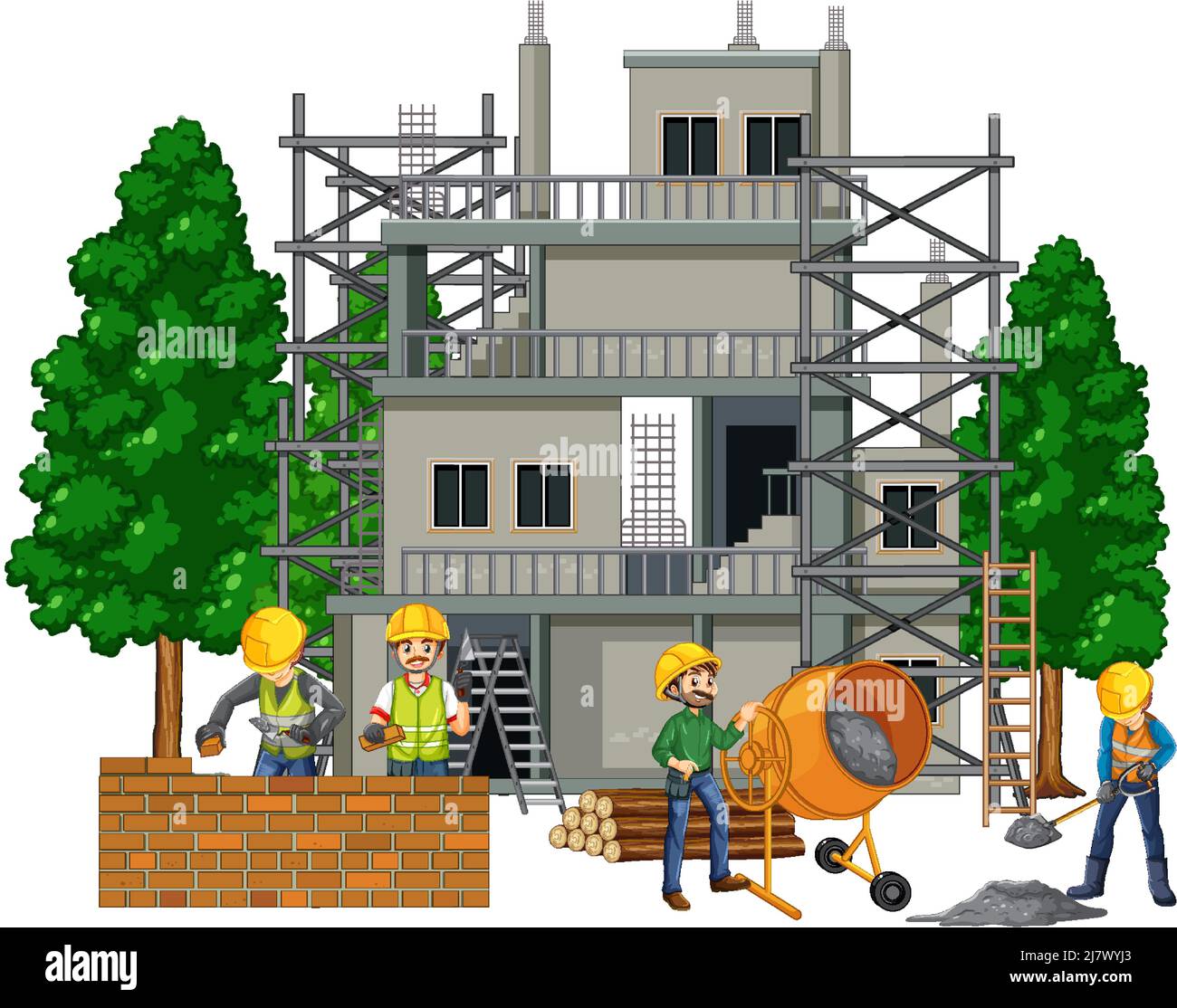 Isolated construction site with workers illustration Stock Vector Image ...
