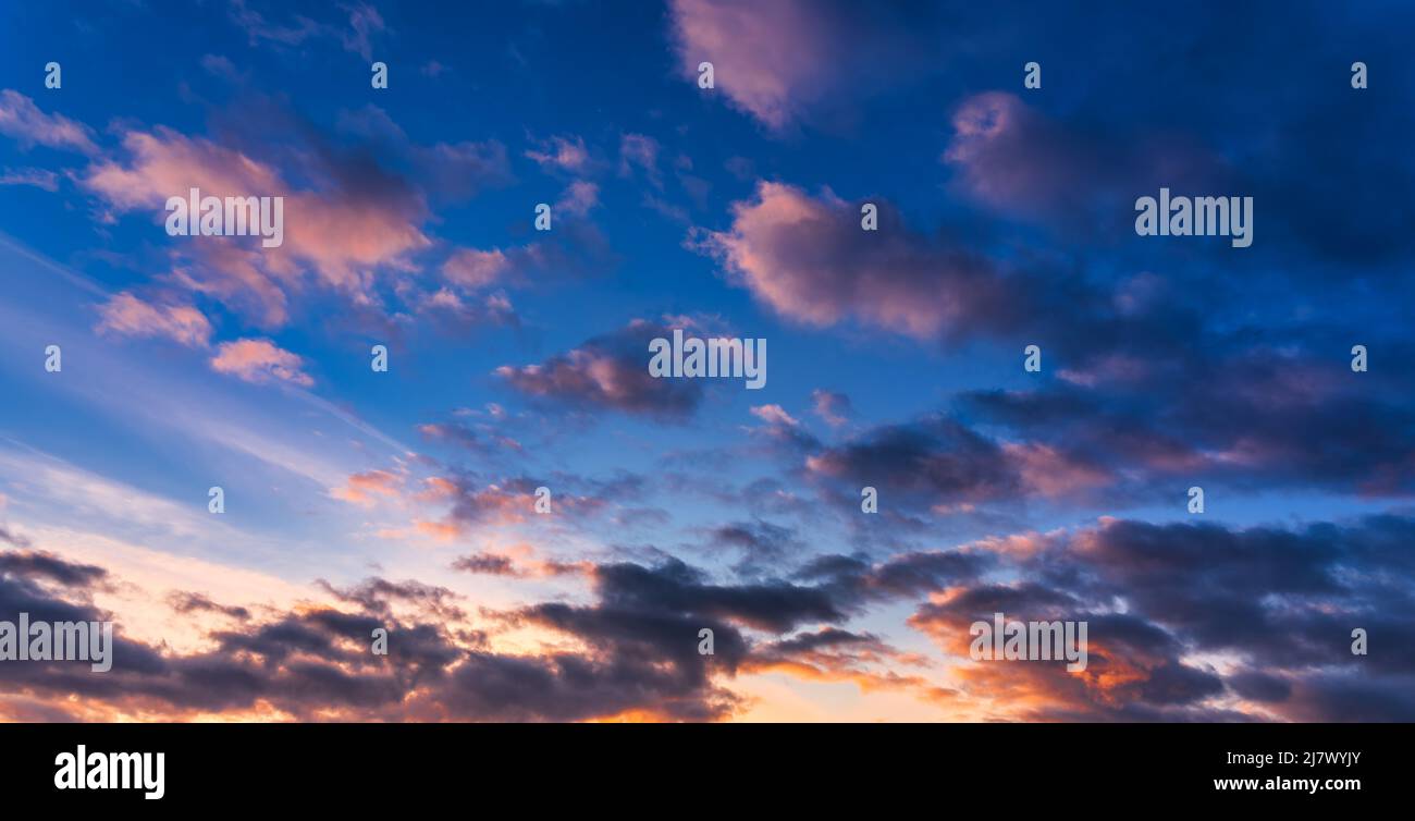 Colorful dramatic clouds lit by a sun against the sunset or sunrise sky ...