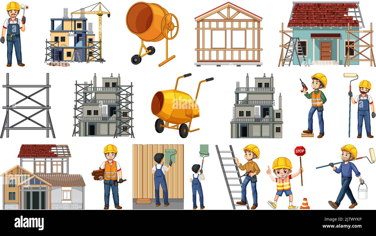 Set of construction site objects and workers illustration Stock Vector ...
