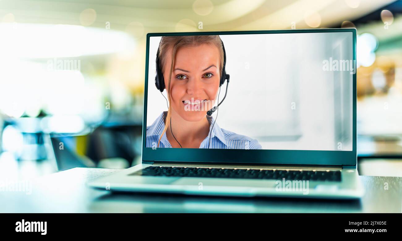 A computer displaying a call center operator. Customer support ...