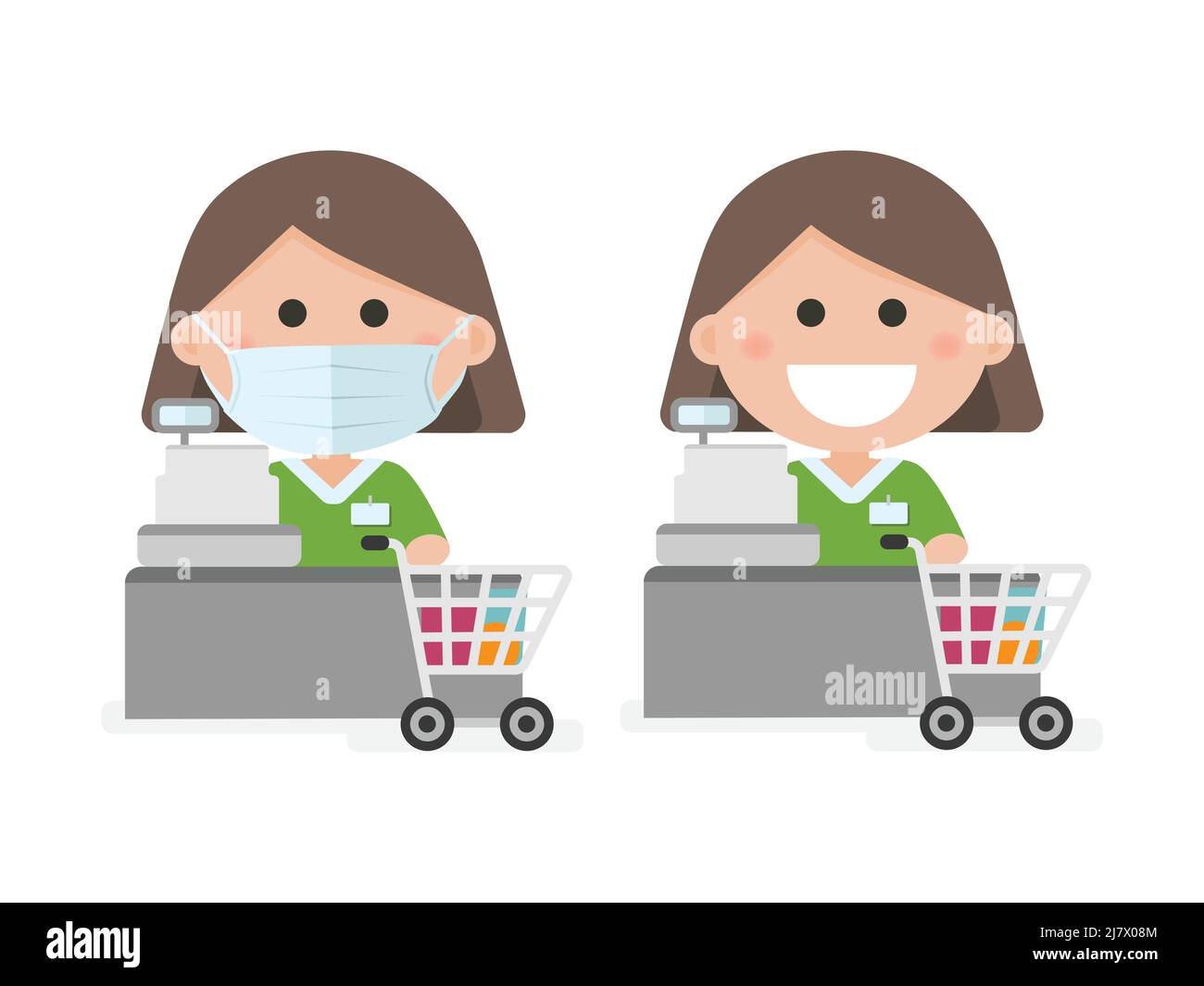 Smiling female cashier on checkout at store and a cart. Vector ...
