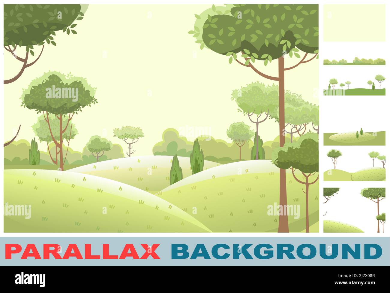 Amusing beautiful forest landscape. Set parallax effect. Cartoon style ...